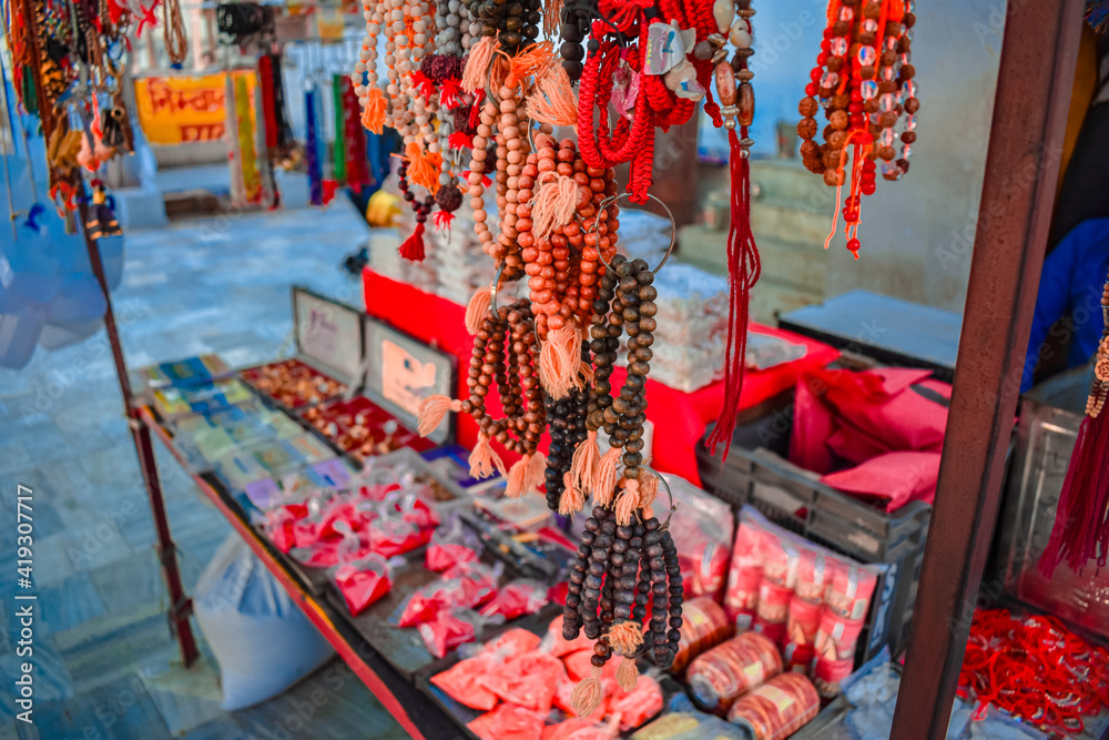 Religious sacred pooja material for God. Vintage stall Stock Photo ...
