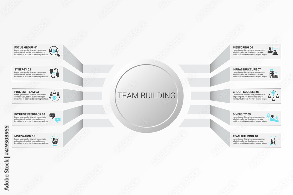 Infographic Team Building template. Icons in different colors. Include ...