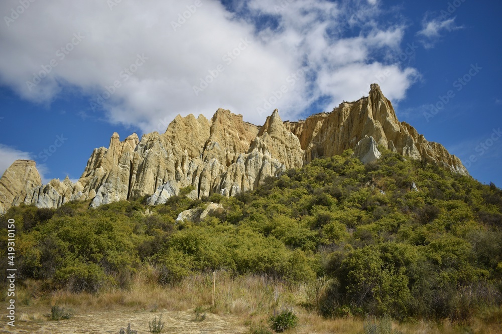 New Zealand, Clay Cliffs close to Omarama are made up of layers of ...
