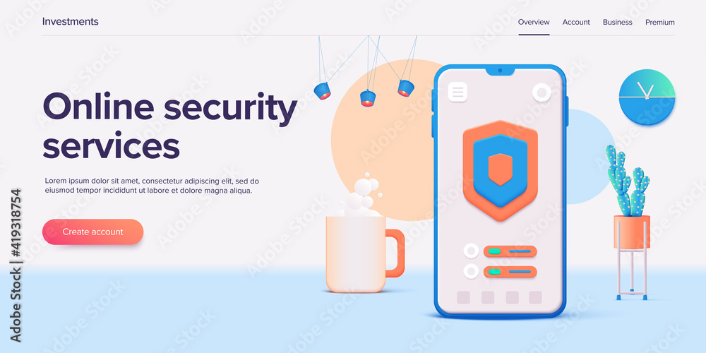 Mobile data security in 3d vector illustration. Online protection ...