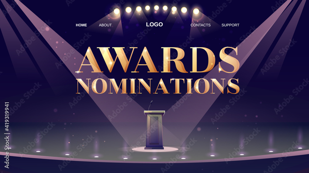 Award nominations cartoon landing page with tribune, microphone ...