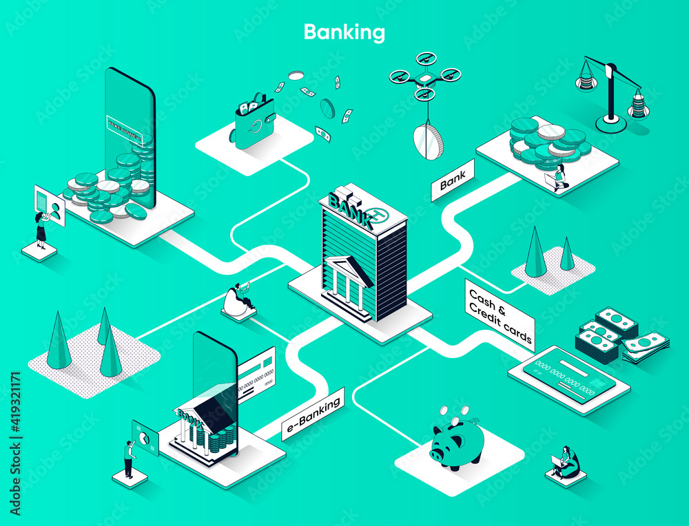 Banking services isometric web banner. Digital wallet, e-banking, cash ...
