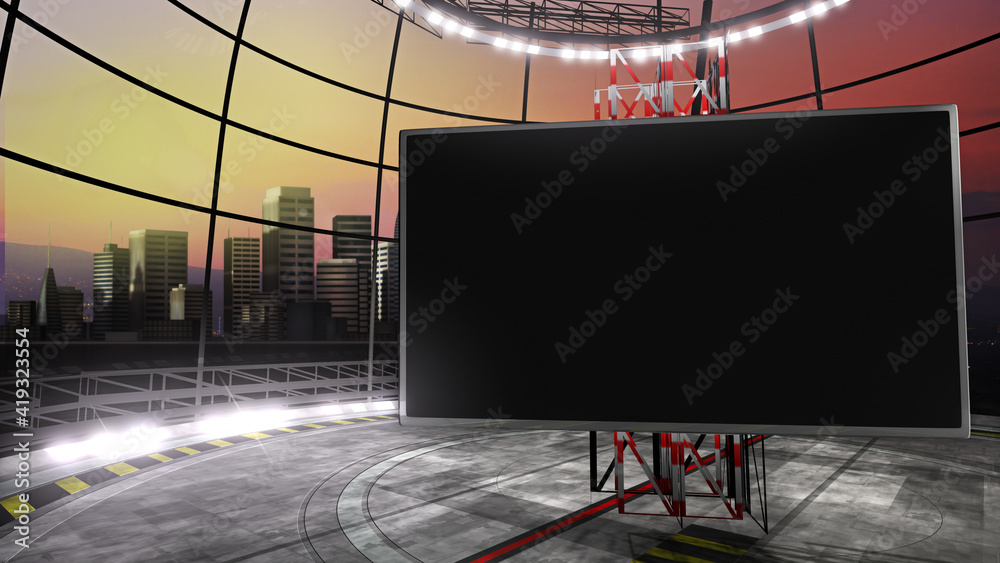Virtual TV show city backdrop, with an empty screen. Ideal for virtual ...