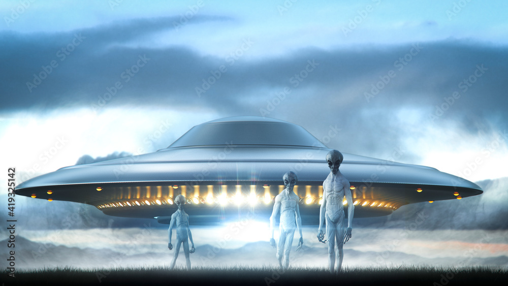 long shot of three aliens in withe space suite landing on a landscape ...