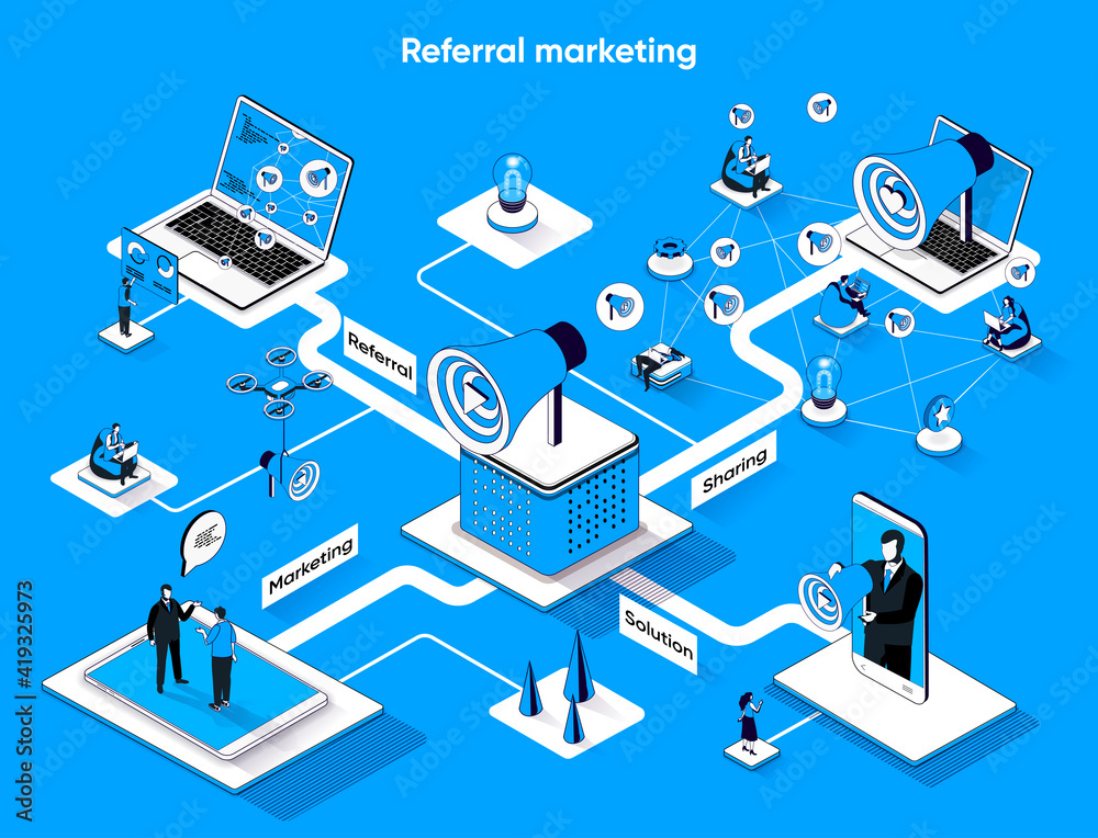 Referral marketing isometric web banner. Refer a Friend flat isometry ...