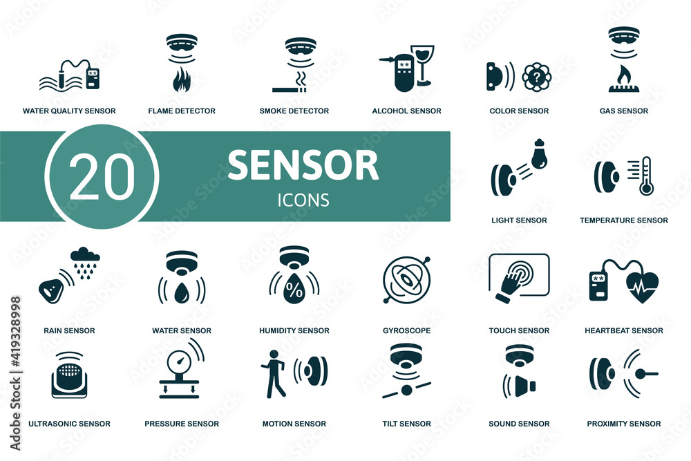 Sensor icon set. Contains editable icons sensor theme such as flame ...