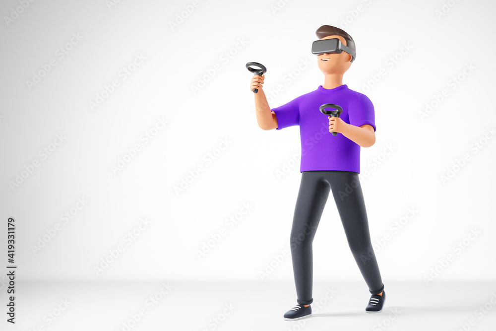 Cartoon character man use vr goggles and controller play virtual ...