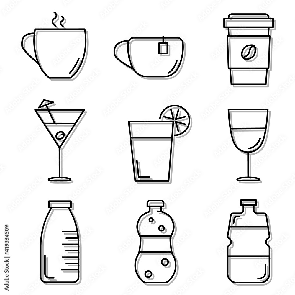 Drinks, Glasses and Cups. Set of Flat Icons. Black Stroke on White Background in Outline Design ...