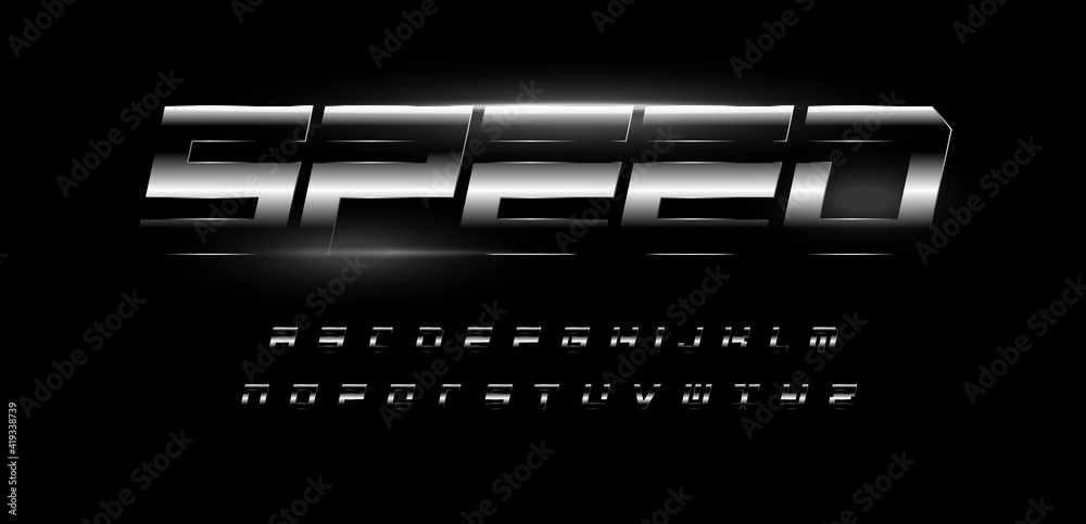 Speed alphabet. Bold italic letters with glossy steel metal gradient ...