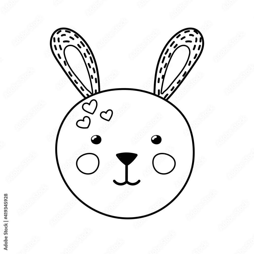 Cute rabbit face coloring page for kids. Funny bunny black and white ...