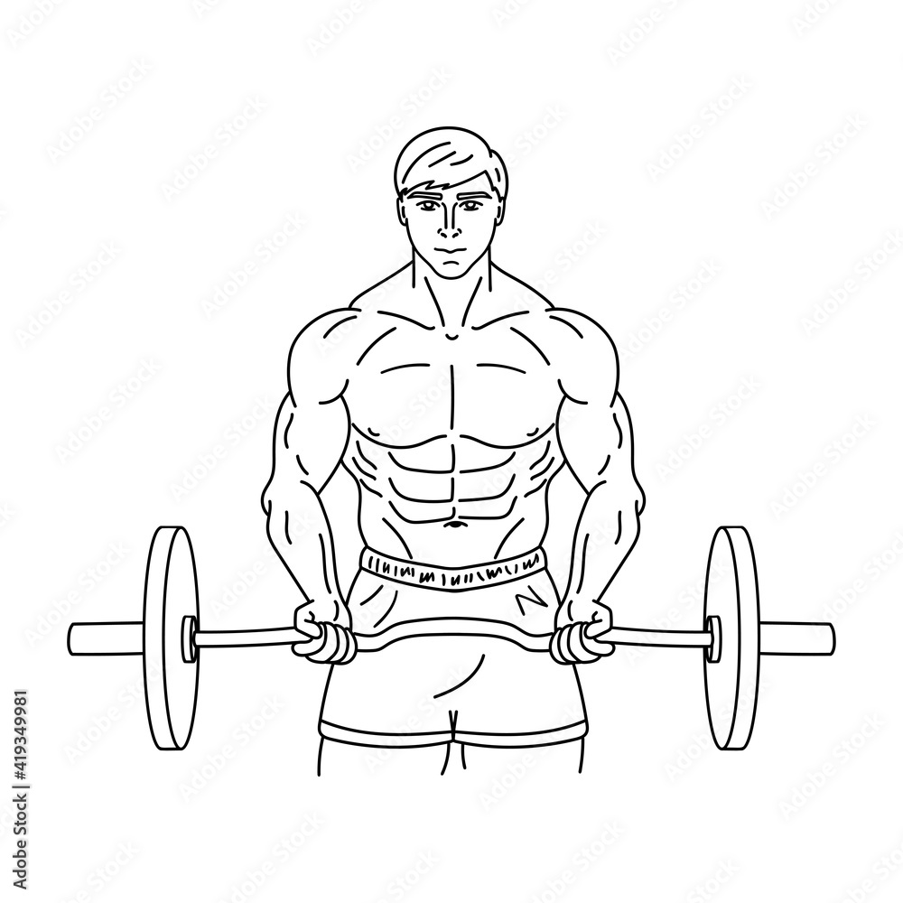 Muscle man with barbell. Bodybuilder outline silhouette or sketch. Gym ...