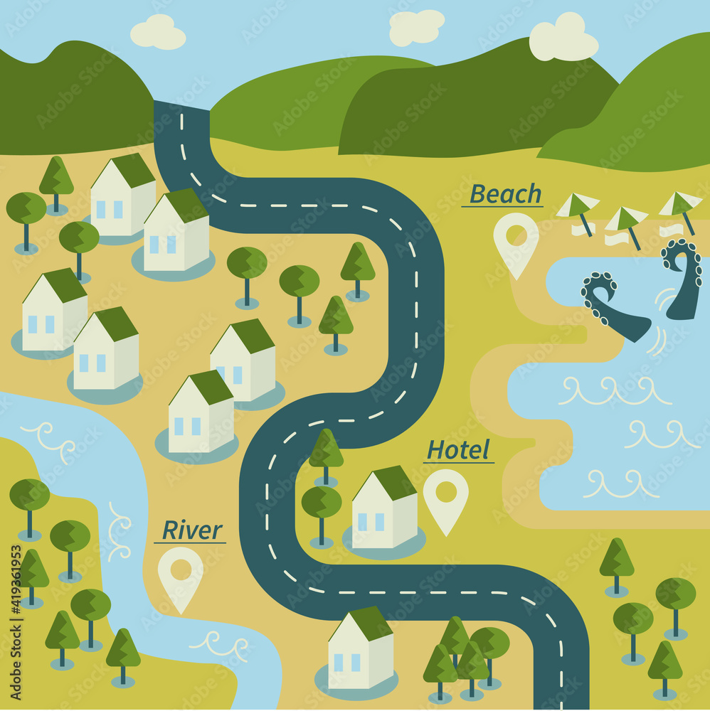 Cartoon vector map in flat style drawn with landmarks, mountains, road ...