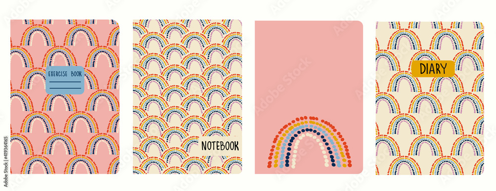Cover page templates based on seamless patterns with stylized rainbows ...