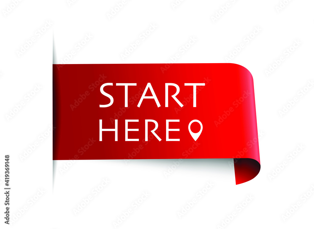 Start here red ribbon isolated on white background. Red label, banner ...