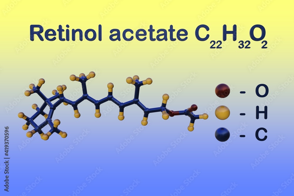 Structural chemical formula and molecular model of retinol acetate, a ...