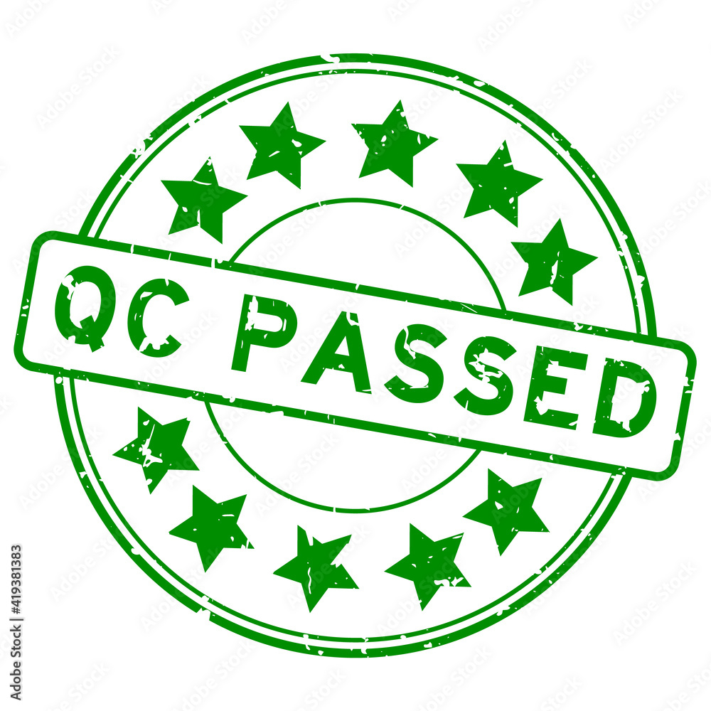 Grunge green QC (Quality control) passed word round rubber seal stamp ...