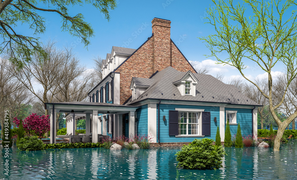 3d rendering of classic house in colonial style in spring water ...