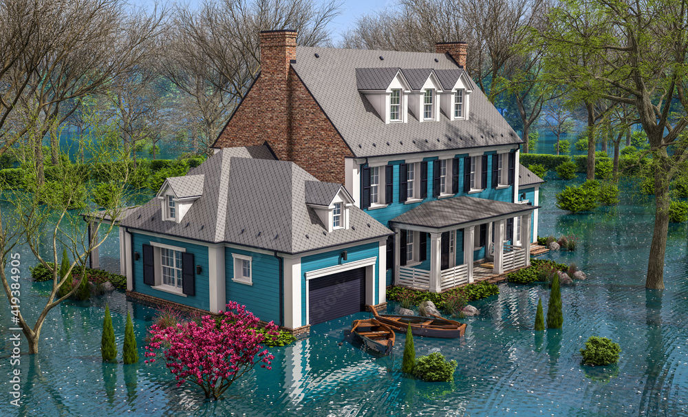 3d rendering of classic house in colonial style in spring water ...