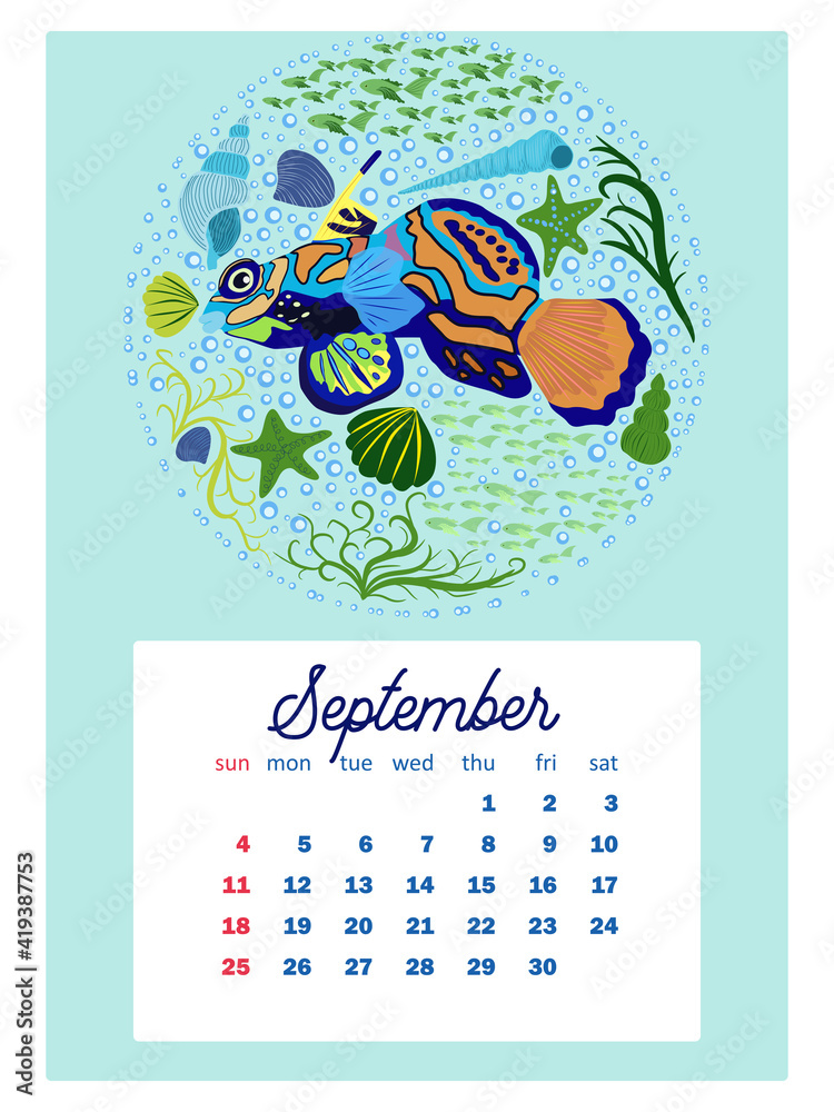 Marine life. Wall calendar design template for 2022, A4 format. Week ...