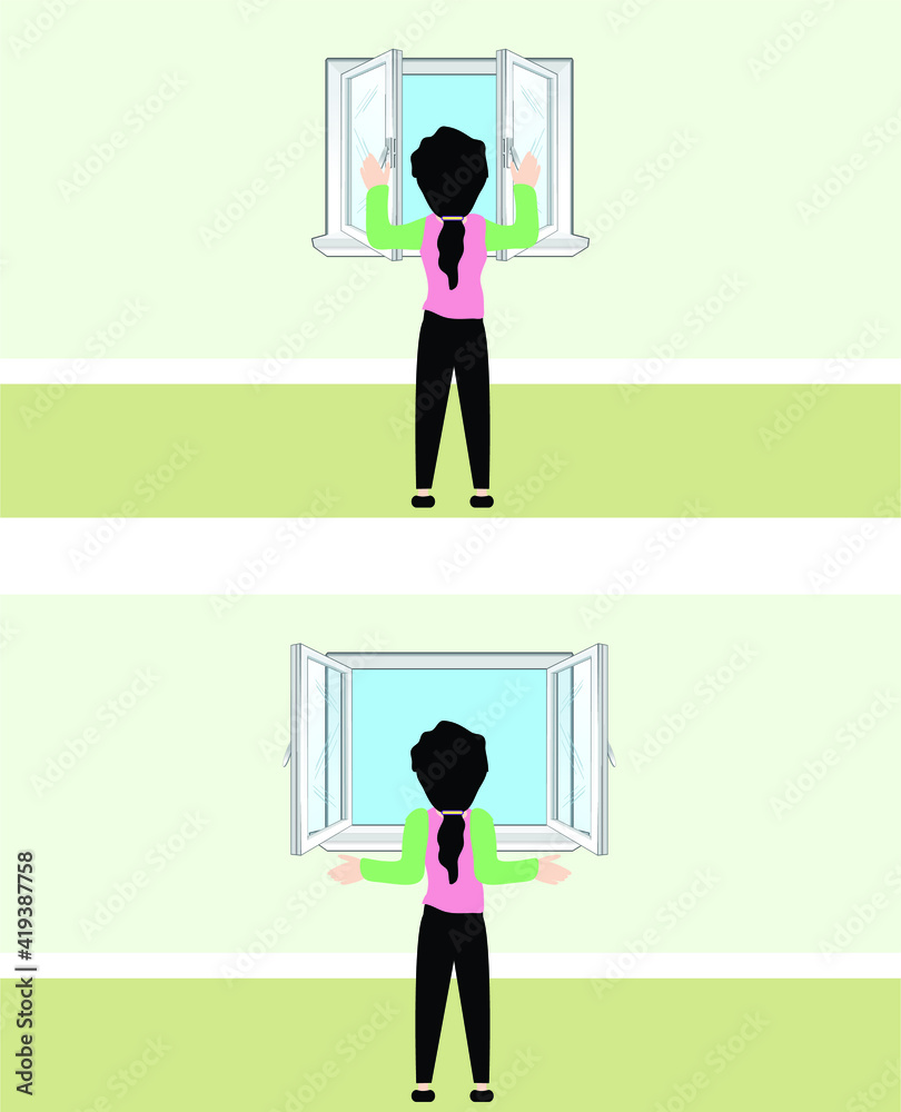 Vector Illustration of Opening and Closing a Window, Character Set for ...