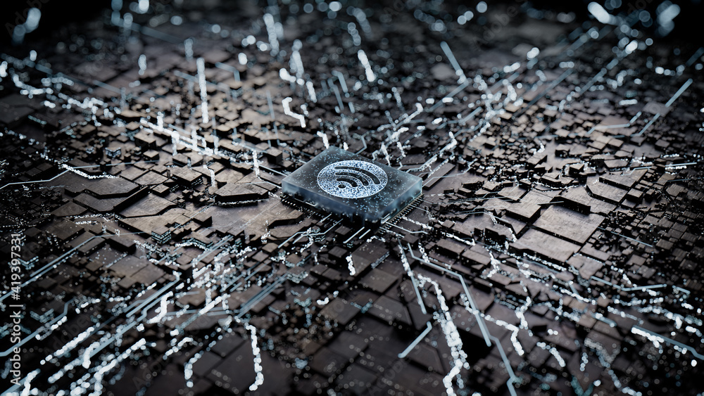 Wireless Technology Concept with wifi symbol on a Microchip. Data flows ...
