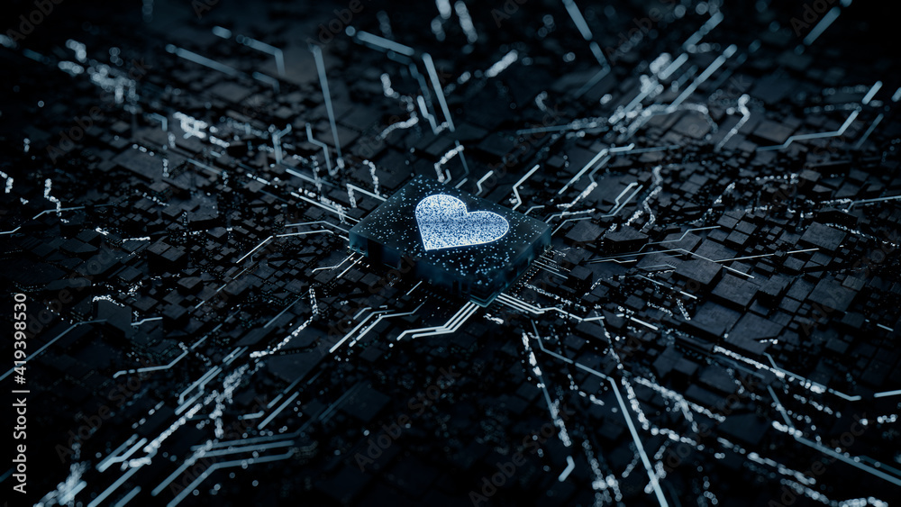 Love Technology Concept with heart symbol on a Microchip. Data flows ...