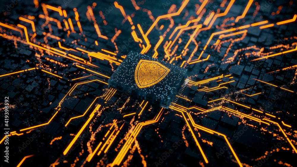 Security Technology Concept with shield symbol on a Microchip. Data flows from the CPU across a ...