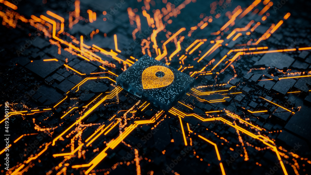 Location Technology Concept with map pin symbol on a Microchip. Data ...