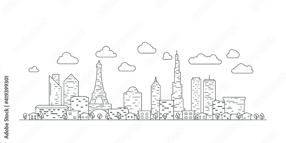 City landscape template. Thin line City landscape. Downtown landscape ...