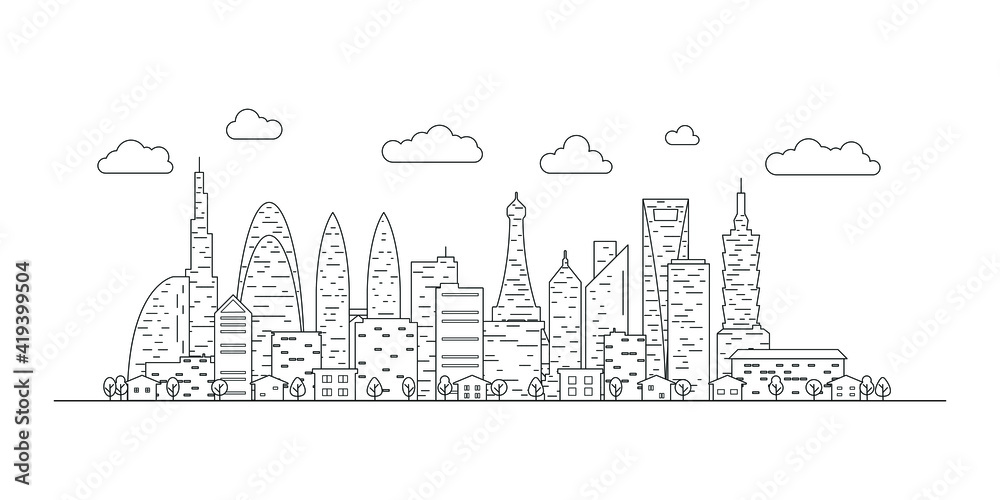 City landscape template. Thin line City landscape. Downtown landscape ...