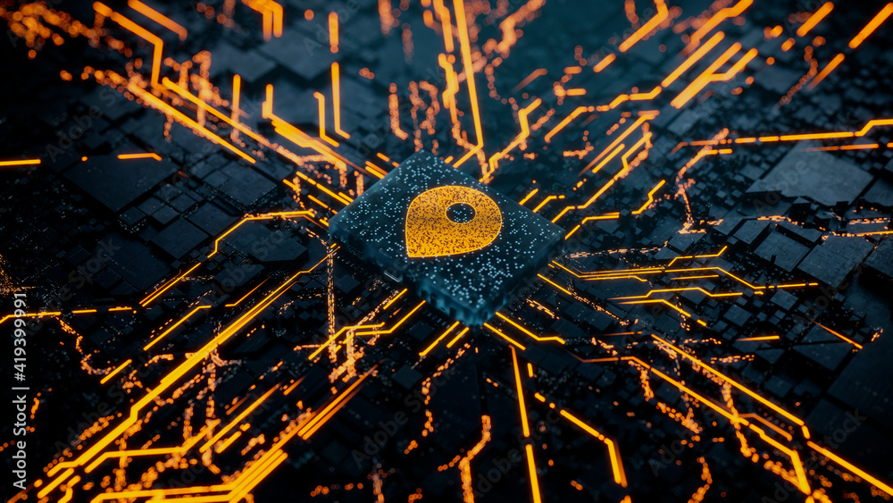 Location Technology Concept with map pin symbol on a Microchip. Data ...
