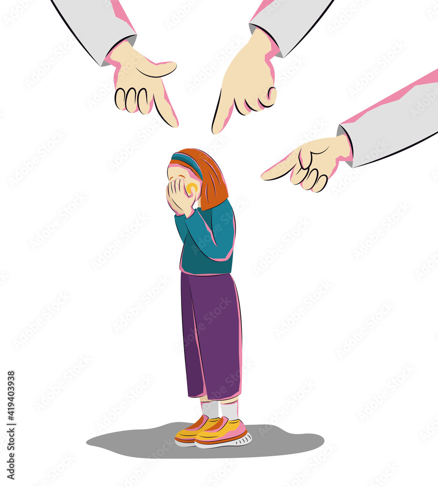 Crying girl surrounded by pointing hands of bullies. Illustration of a ...