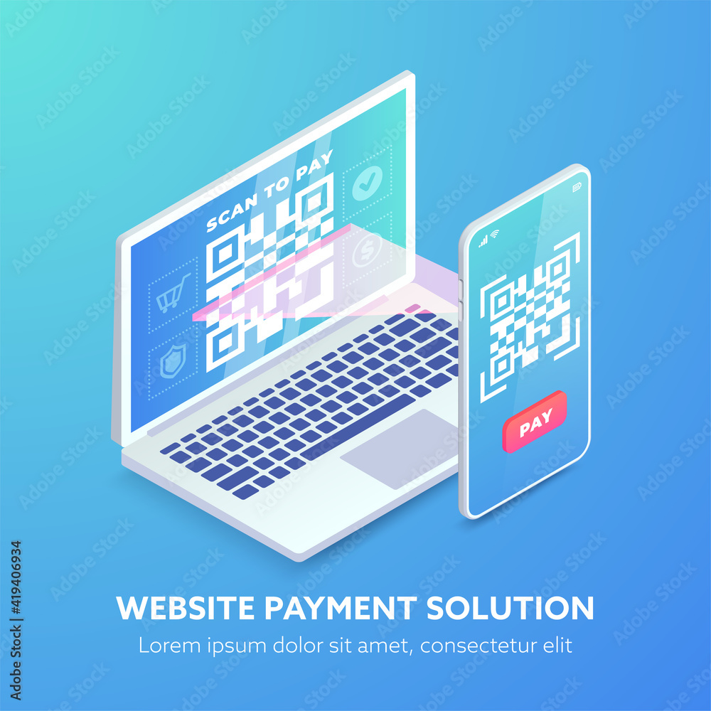 Website payment solution isometric banner. 3d QR code payment on ...