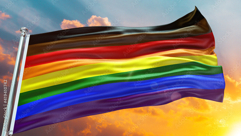 Philadelphia Pride flag waving with texture in sky and clouds and ...