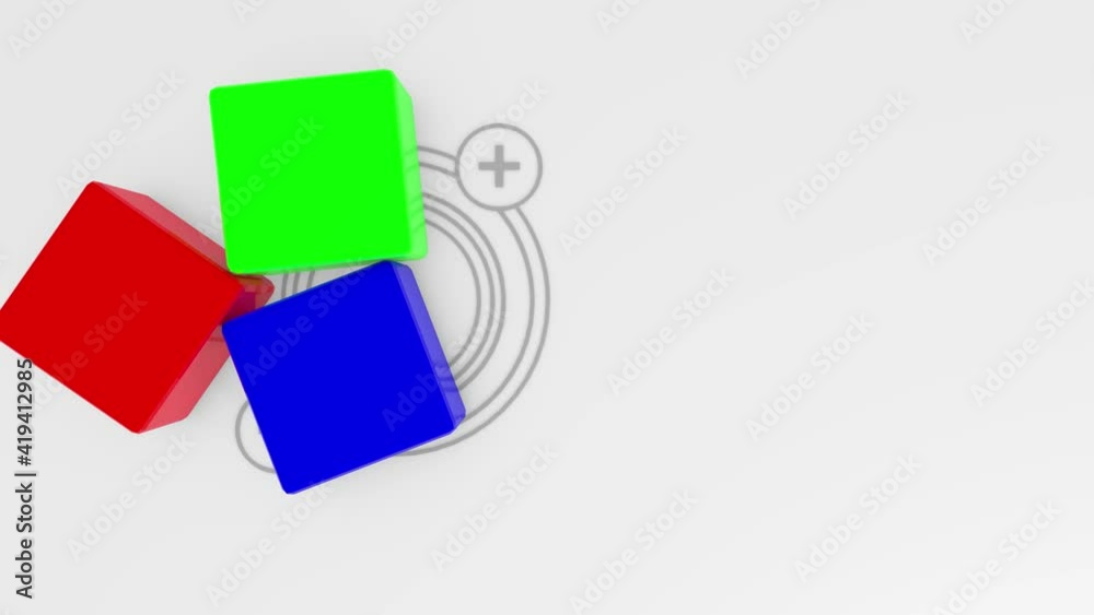 3d animation, three cubes sliding on white background with symbol of ...
