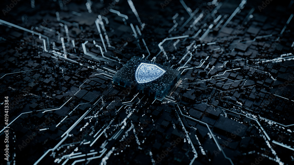 Security Technology Concept with shield symbol on a Microchip. Data flows from the CPU across a ...