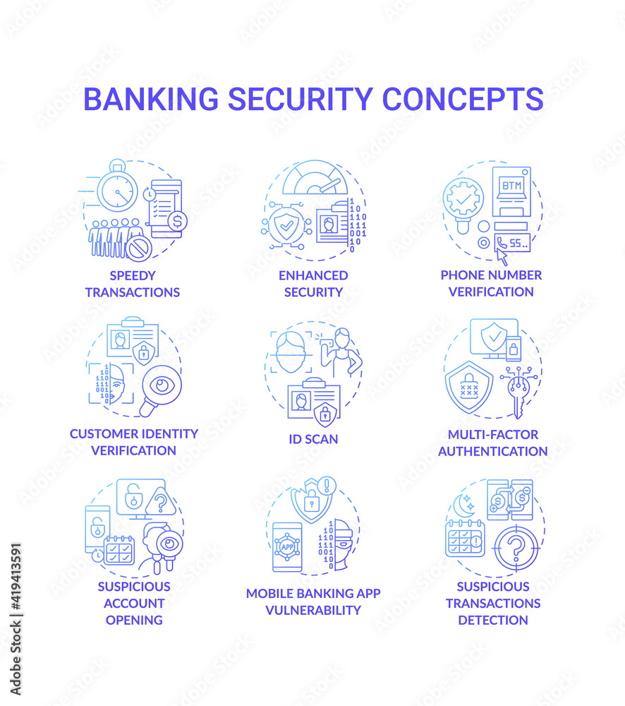 Banking security concept icons set. Reduced administration idea thin ...