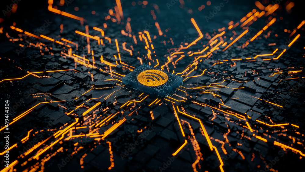 Wireless Technology Concept with wifi symbol on a Microchip. Data flows ...