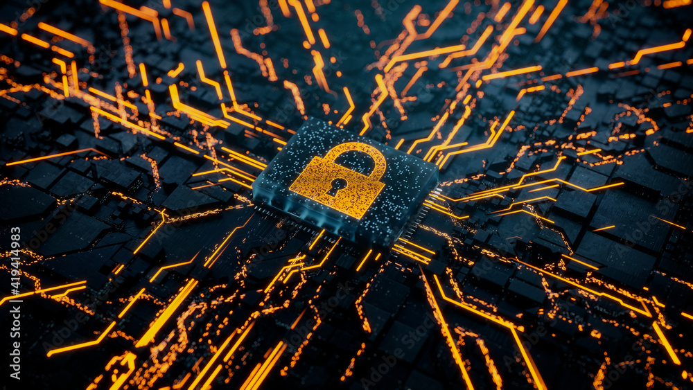 Security Technology Concept with lock symbol on a Microchip. Data flows from the CPU across a ...