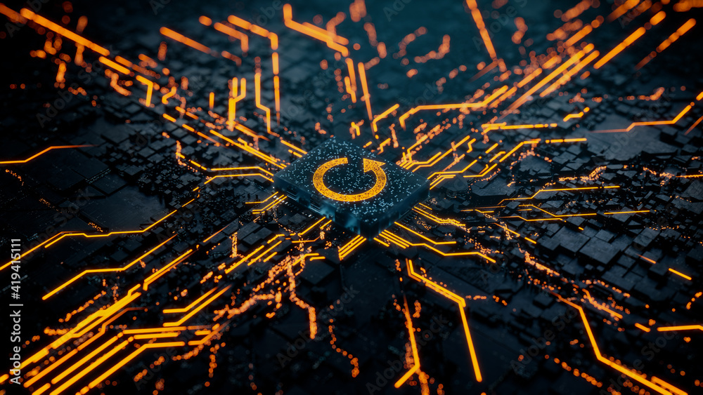 Reload Technology Concept with refresh symbol on a Microchip. Data ...