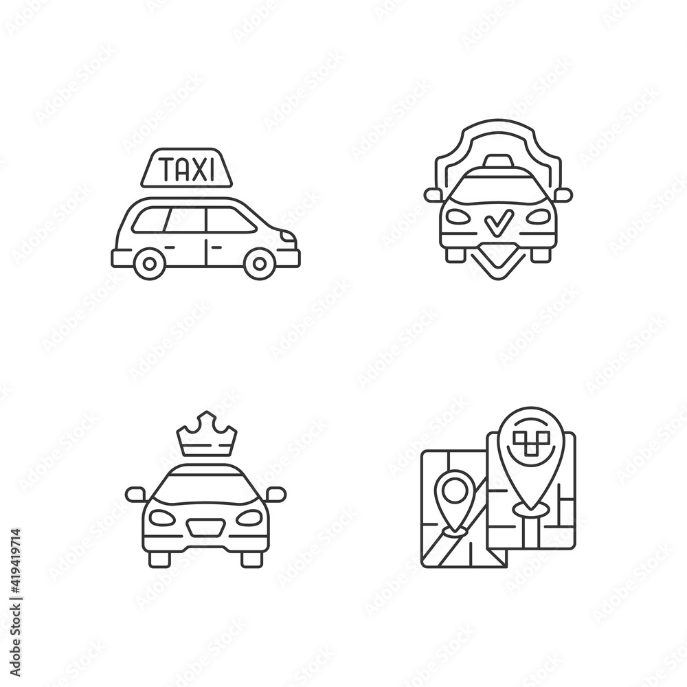 Modern taxi service linear icons set. Safe ride. Long distance trips ...