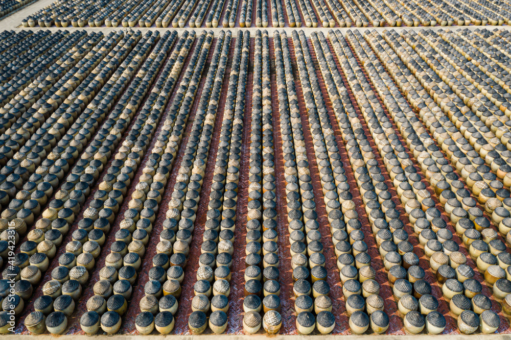Traditional soy sauce factory, aerial view of the fermented field with ... Traditional soy sauce factory, aerial view of the fermented field with ...