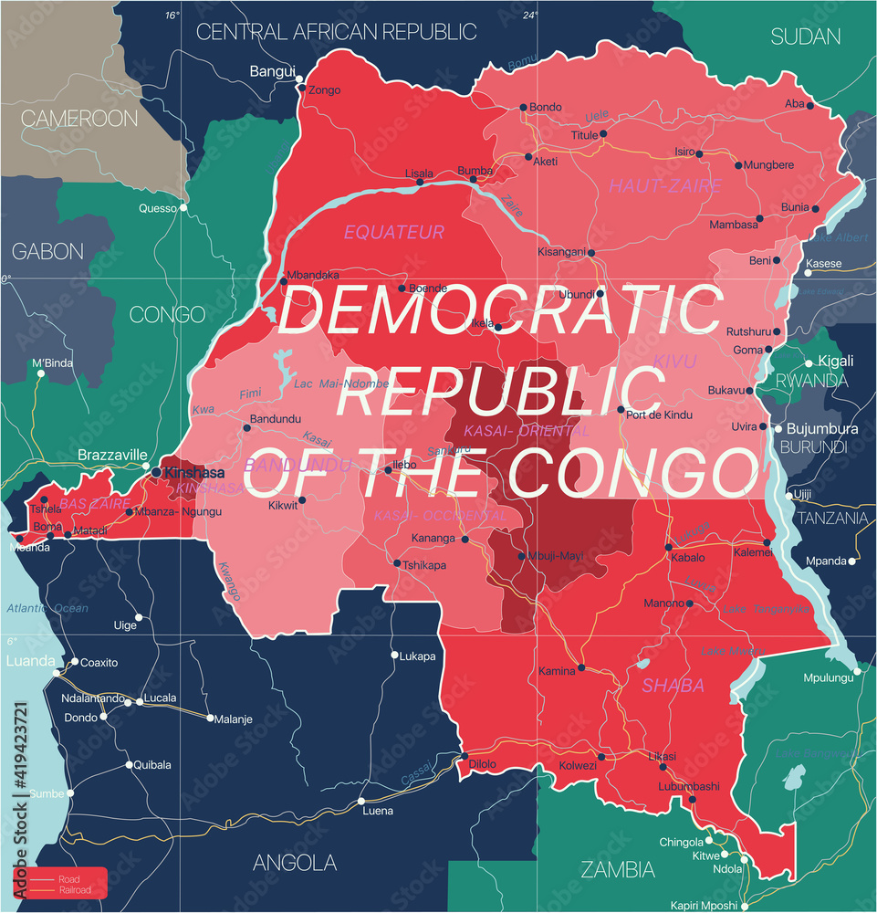 Democratic Republic of Congo country detailed editable map with regions ...