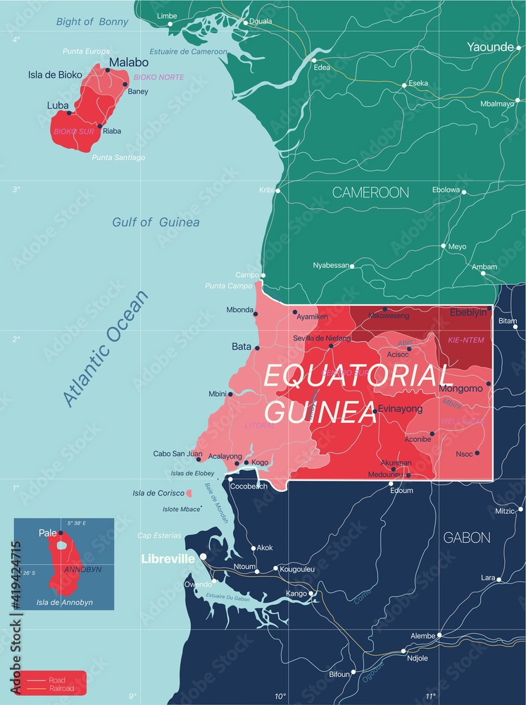 Equatorial Guinea country detailed editable map with regions cities and ...