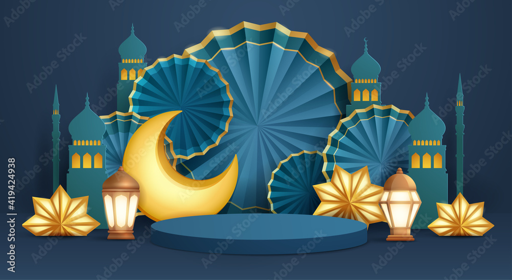 3D illustration of classic blue Muslim Islamic festival theme product ...