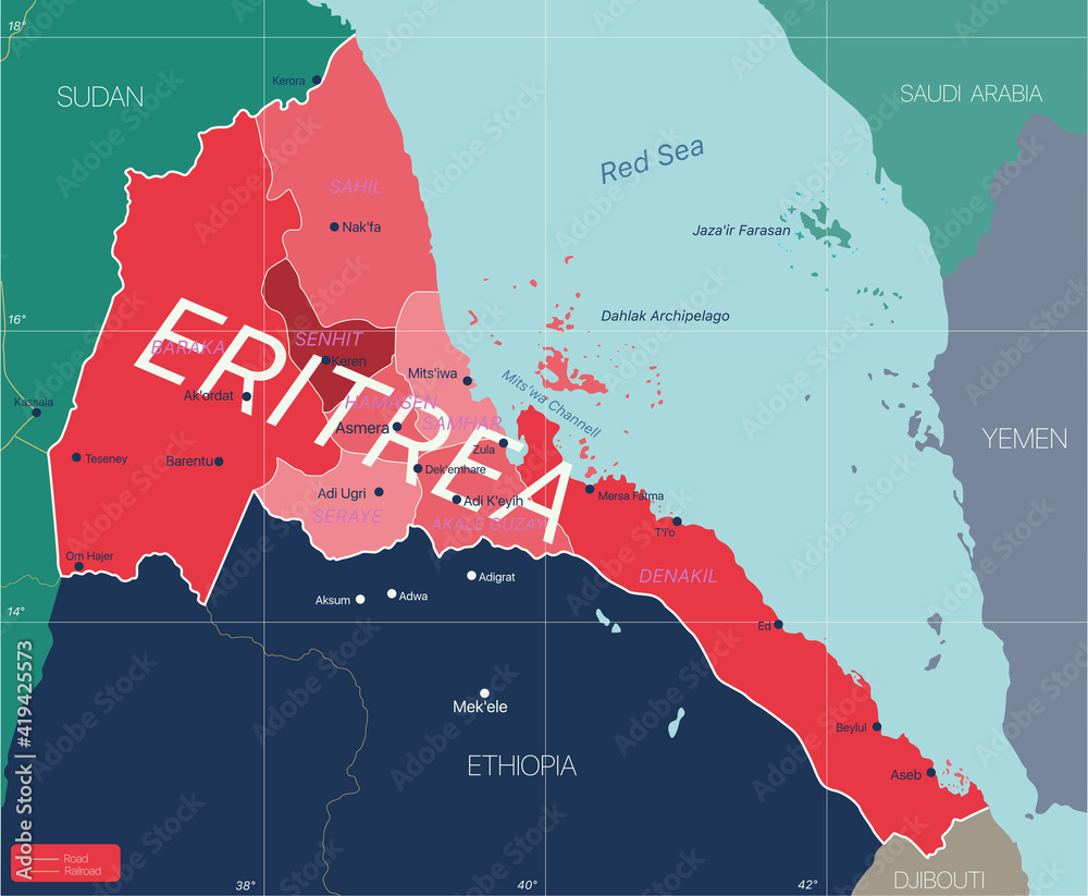 Eritrea country detailed editable map with regions cities and towns ...