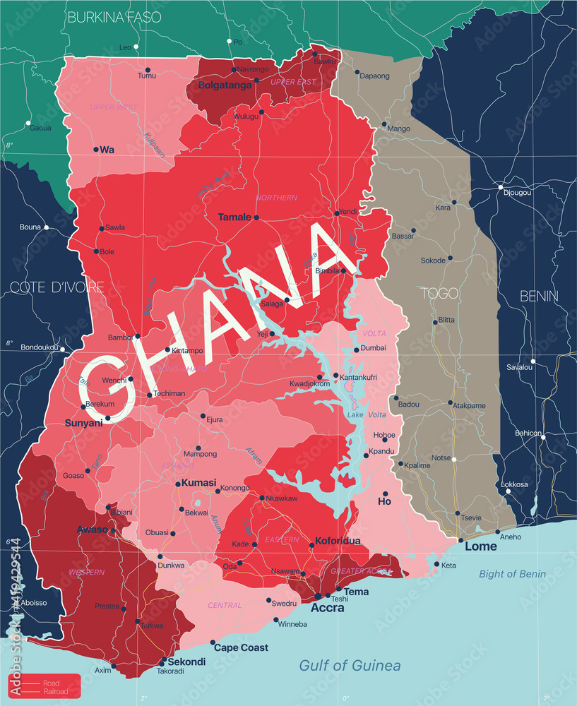 Ghana country detailed editable map with regions cities and towns ...