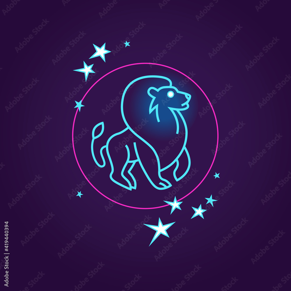 Vector illustration with Leo Zodiac sign. Dark blue space background ...