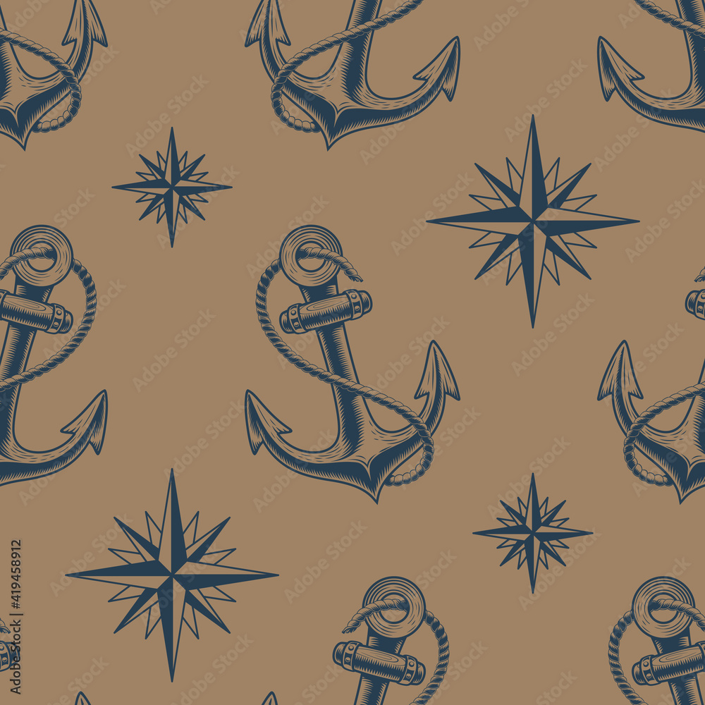 Seamless background with anchors and Wind Rose or compass, navigation ...