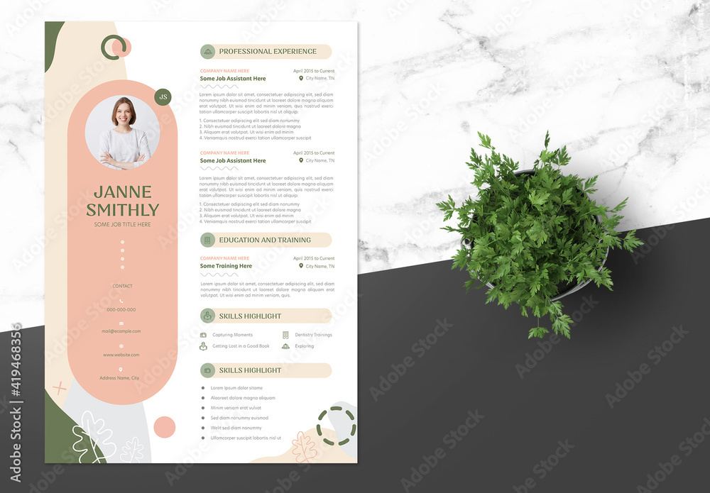 Elegant Female Resume with Green Accent Stock Template | Adobe Stock